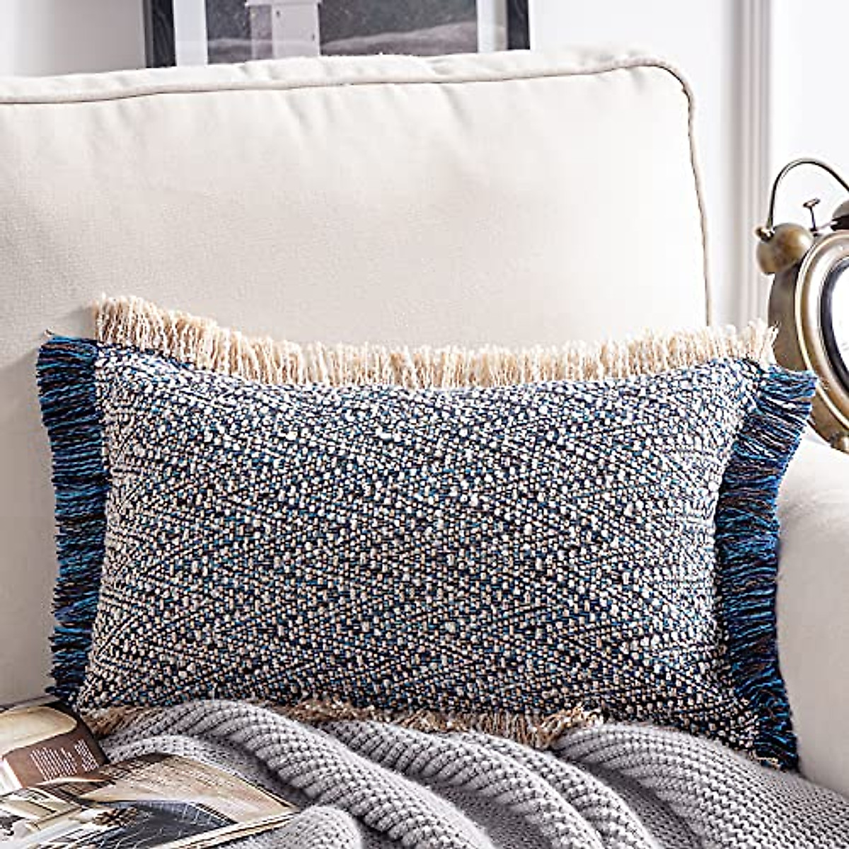 Phantoscope Decorative Boho Throw Pillow with Pillow Insert Included, Hand Woven Textured Pillow Cover with Fringe Trim, Modern Farmhouse Square Cushion Pillow, Dark Blue 12 x 20 Inches