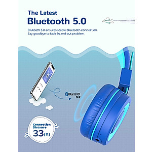 iClever Kids Bluetooth Headphones, BTH02 Kids Headphones with MIC, 22H Playtime, Bluetooth 5.0 & Stereo Sound, Foldable, Adjustable Headband, Childrens Headphones for iPad Tablet School (Blue)