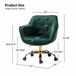 HULALA HOME Velvet Office Chair with Gold Base, Modern Cute Mid-Back Desk Chair, Adjustable Swivel Computer Task Chair for Living Room, Bedroom, Study, Vanity, Green