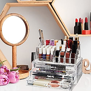 Maitys Set of 2 360° Rotating Makeup Organizer and Cosmetic Display Cases 3 Drawers Stackable Storage Box Adjustable Cosmetic Storage Display Case for Jewelry Accessories Lipsticks, Clear Transparent