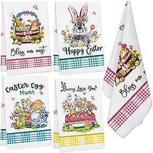 4 Pack Easter Kitchen Towels Easter Hand Towels Decorative Bunny Eggs Rabbit Towels Easter Dish Towels for Cooking Baking Drying Washing Dishes