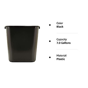 Rubbermaid 295600Bk Deskside Plastic Wastebasket, Rectangular, 7 Gal, Black