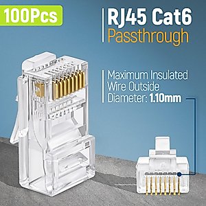 GTZ Cat6 RJ45 Pass Through Connector 100-Pack - EZ Cat 6 Pass Through RJ45 Connectors - cat 6 connectors - Ethernet Connector - Ethernet Plug - for Solid or Stranded UTP Network Cable