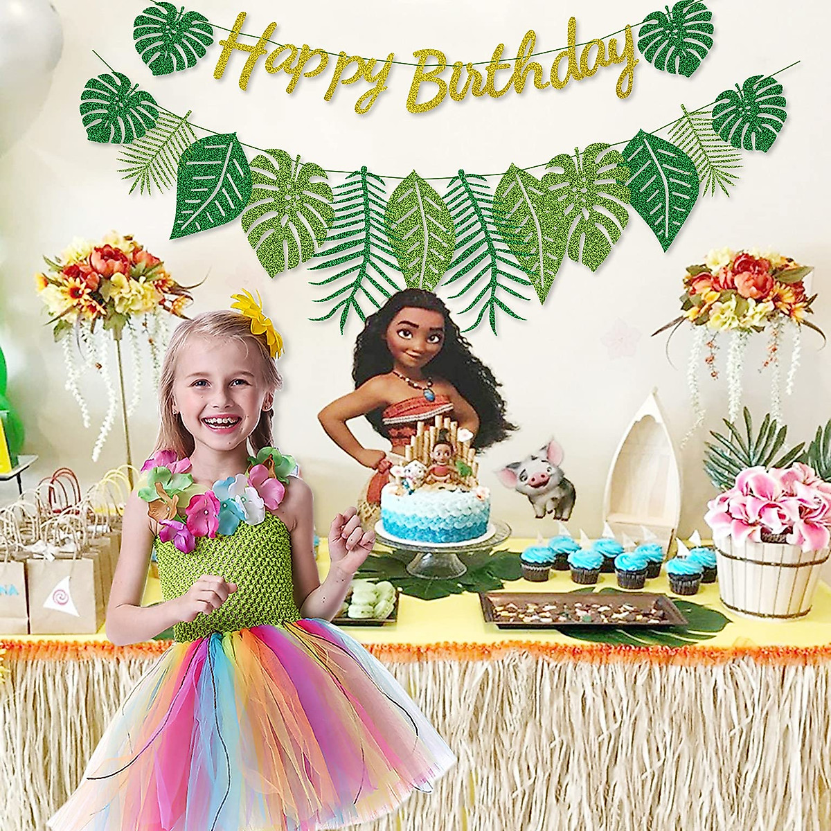 Hawaiian Party Happy Birthday Banner - Hawaiian Party Decoration, Birthday Banner for Luau Party Supplies, and Tropical Party Palm Leaf Decorations Glitter Decor