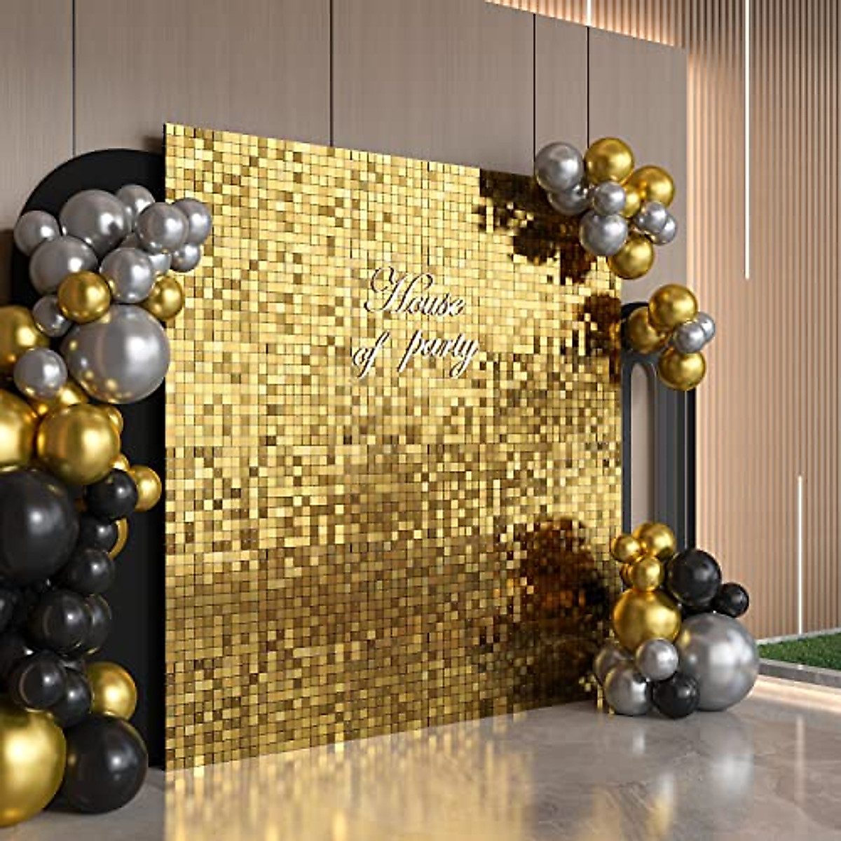 HOUSE OF PARTY Gold Shimmer Wall Backdrop -36 Panels Square Sequin Shimmer Backdrop for Birthday Wedding Anniversary Engagement Baby Shower & Bachelorette Decorations Party