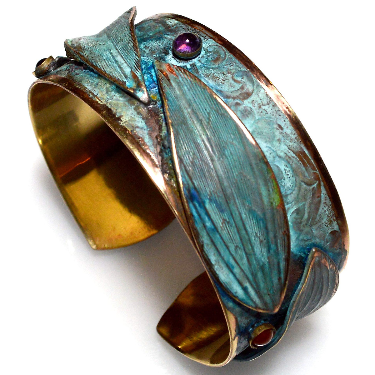 Elaine Coyne Wearable Art Verdigris Patina Brass Contemporary Leaves Cuff Bracelet - Amethyst, Carnelian, Garnet