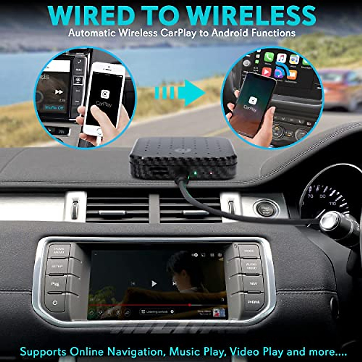 PyleUsa Wireless CarPlay Android Auto Multimedia Video Box,4GB RAM 64GB ROM,2.4GHz,5GHz Dual Band WiFi BT,Octa Core 64Bit,4K Full HD,H.265,USB3.0 Android Box,Screen Mirroring, Install Android Apps