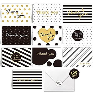 Hotcinfin 100 Thank You Cards Boxed Set,100 Assorted Simple Blank Greeting Note Cards Bulk with Envelopes and Stickers - Graduation, Business, Bridal/Baby Shower, Wedding, Funeral- 4X6