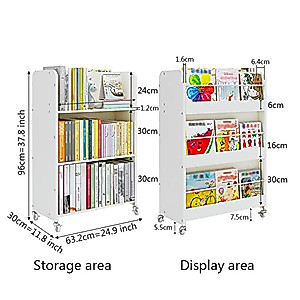 Bookshelf, 3-Tier Mobile Book Shelf, Large Capacity Display and Storage Bookcase, Double-Sided Use, Bookshelves for Living Room and Study Room, 63.2x30x96cm