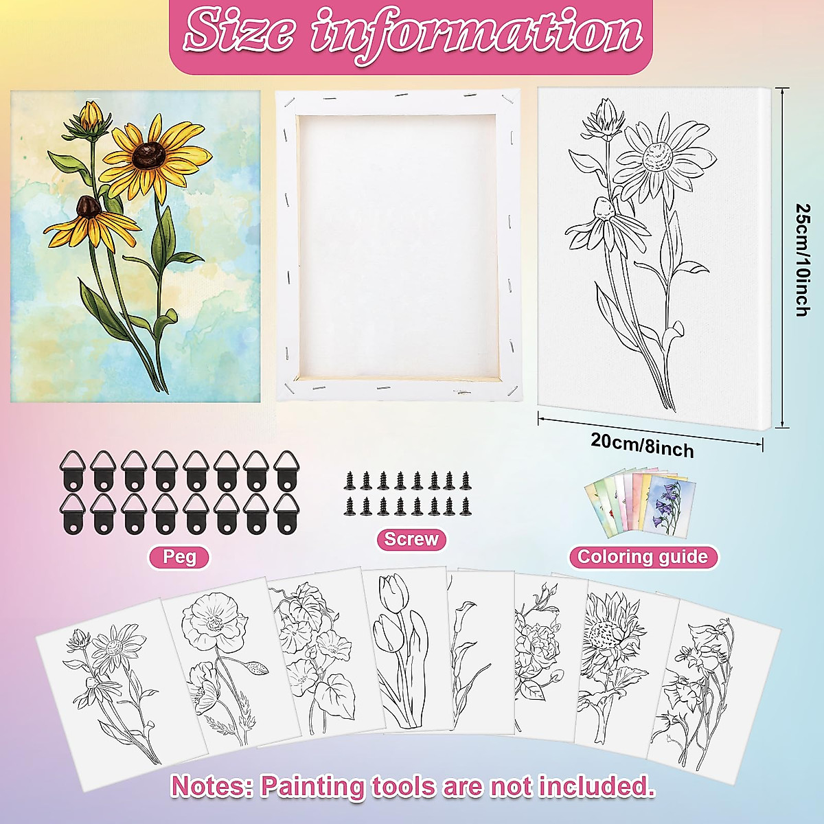 8 Pack 8x10 Inches Flowers Theme Pre Drawn Canvas to Paint, Pre Printed Canvas for Ladies Sip and Paint Party Favor, Pre Sketched Canvas for Painting for Adults