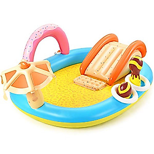 Inflatable Play Center, Hesung 98'' x 67'' x 32'' Kiddie Pool, Summer Inflatable Pool with Slide for Garden, Backyard Water Park, Fountain Arch, Extra Thick, Easy Set up for Ages 2+ Toddlers