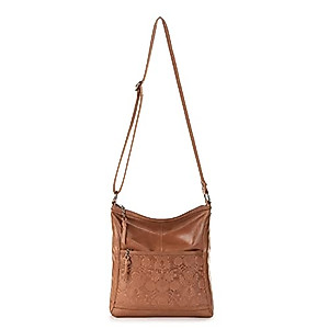 The Sak Womens Iris Crossbody in Leather Casual Purse With Adjustable Strap Zipper Pockets, Tobacco Floral Embossed, One Size US