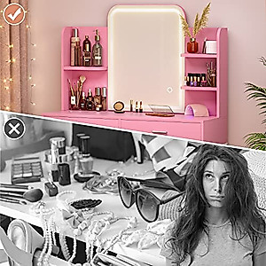 armocity Vanity Desk with LED Lighted Mirror, Makeup Vanity with Cushioned Stool, Vanity Table Set with 3 Color Lighting Options, Modern Dressing Table with 2 Storage Drawers for Bedroom, Pink