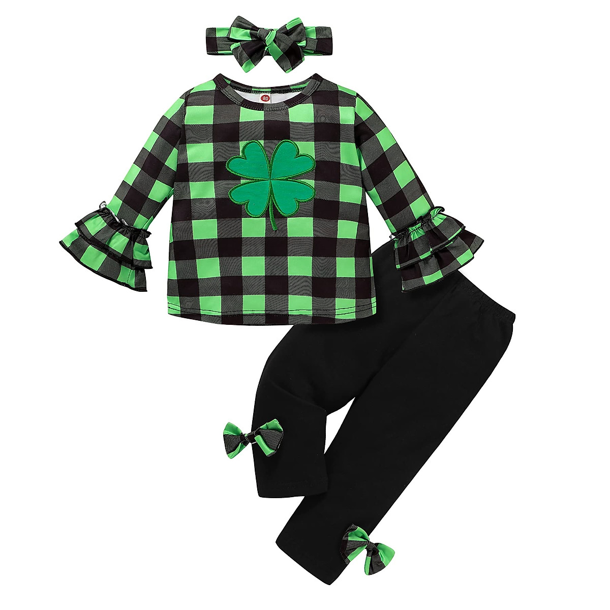 YOUNGER TREE Toddler Girl St Patricks Day Outfits Four-Leaf Clover Sweatshirt Clothes Saint Patrick's Day Ruffle T Shirt Tops + Bell Bottoms Pants (Green Plaid A, 4-5T)