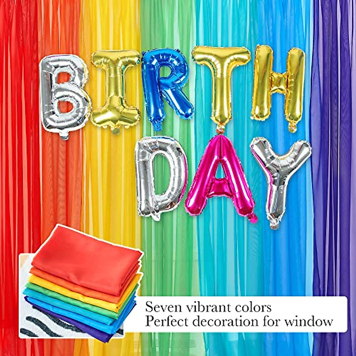 PONY DANCE 7 Pieces Rainbow Sheer Curtains - Colorful Backdrop Bright Drape Set for Playroom,Nurseries,Party,Red,Orange,Yellow,Green,Cyan,Blue,Purple,84 inch Length