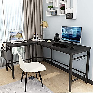 DKLGG L Shaped Computer Desk, 49" Gaming Desk Home Office Corner Desks Large Work Study Desk with Storage Bag & Hooks, L Desk Workstation Space-Saving Table for Home Office, Black