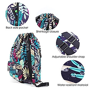 Risefit Water Resistant Drawstring Bag, Gym Bag Sackpack Sports Beach Backpack for Men Women (Blue Leaves)