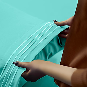 Utopia Bedding Queen Sheet Set, Soft Microfiber 4 Piece Hotel Luxury Bed Sheets for Women, Men, Kids & Teens with Side Storage Deep Pocket Fitted Sheet-Embroidered Pillow Cases - Flat Sheet (Spa Blue)