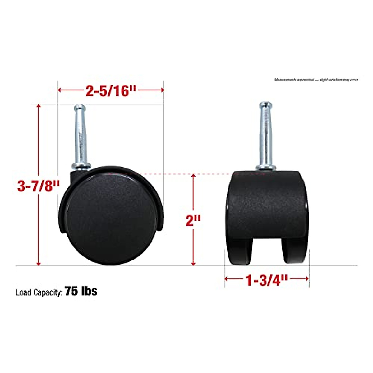 Shepherd Hardware 9418 2-Inch Office Chair Caster, Twin Wheel, 5/16-Inch Stem Diameter, 75-lb Load Capacity, 2-Pack, Black