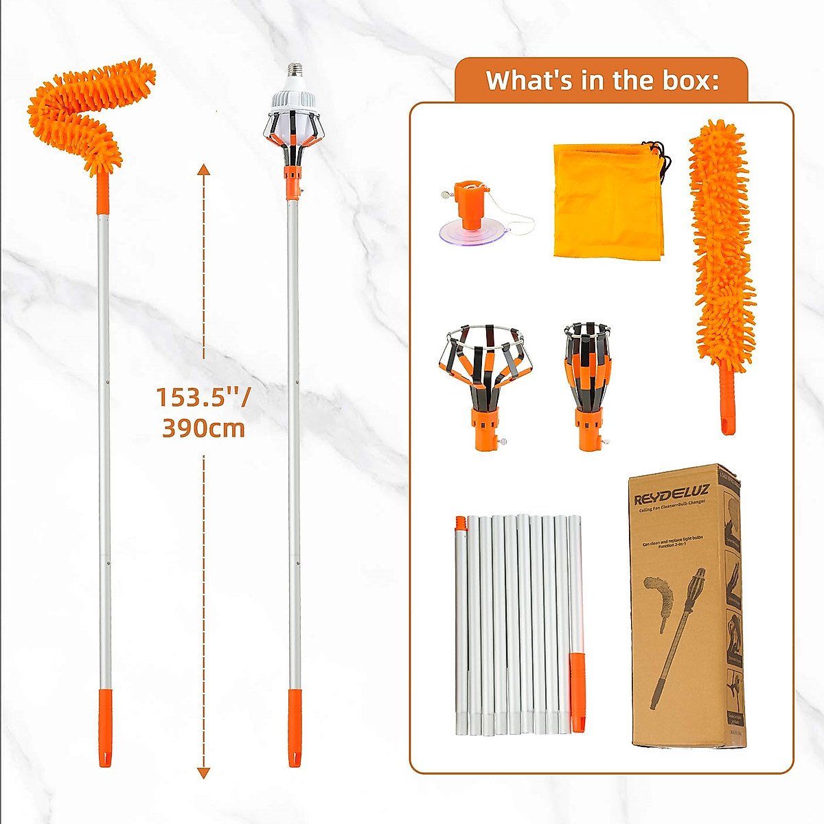 REYDELUZ 12FT Light Bulb Changer for High Ceilings and Recessed Lights, Light Bulb Pole Changer for High Ceilings, Light Bulb Changer with Baskets and Suction Cup, Light Bulb Removal Tool