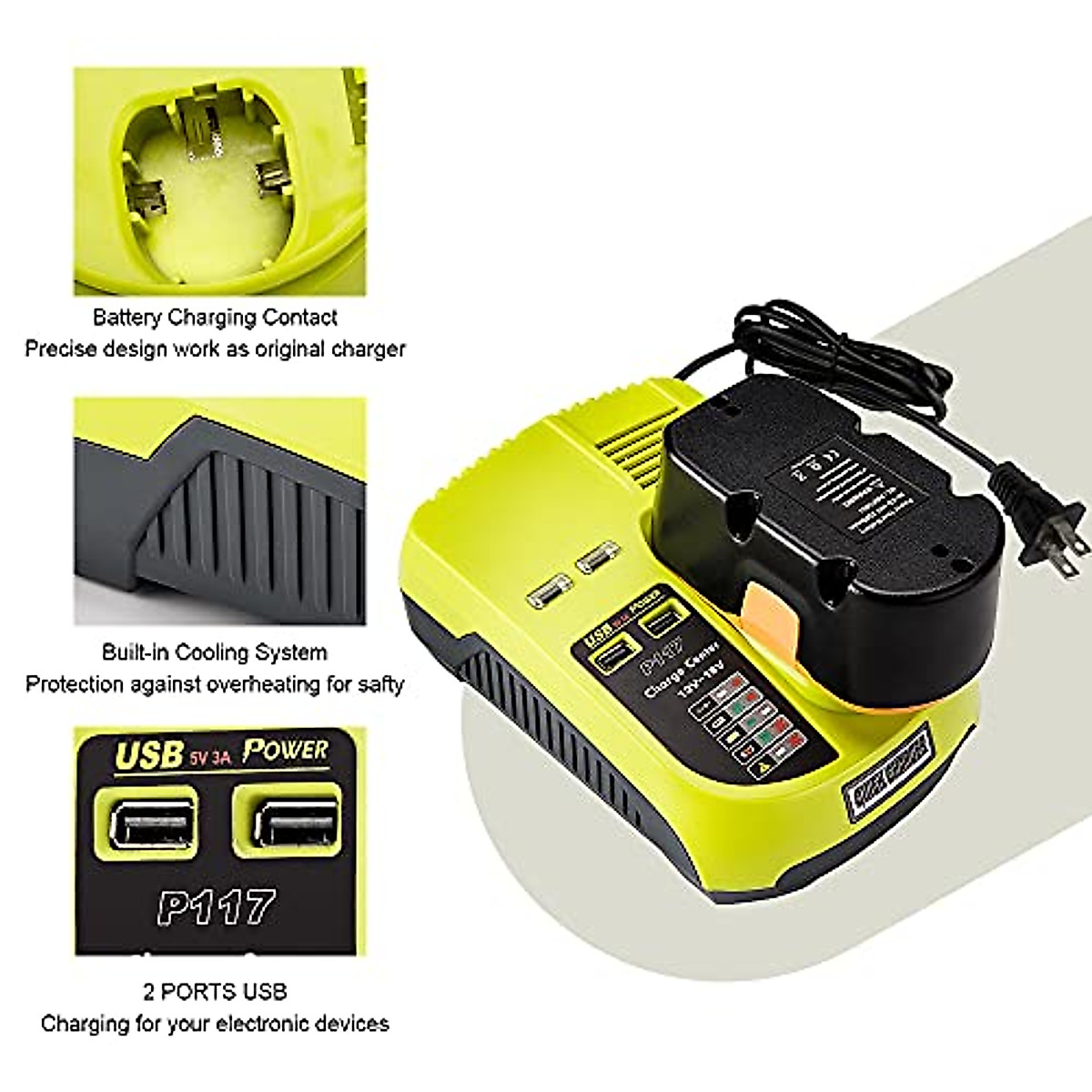 WaxPar P117 18V One+ Dual Chemistry Fast Battery Charger Compatible with Ryobi 12V-18V Max Battery P117 P118, Compatible with Ryobi ONE+ Lithium-Ion Ni-Cd Ni-Mh Battery P200 P102 with 2 USB Ports