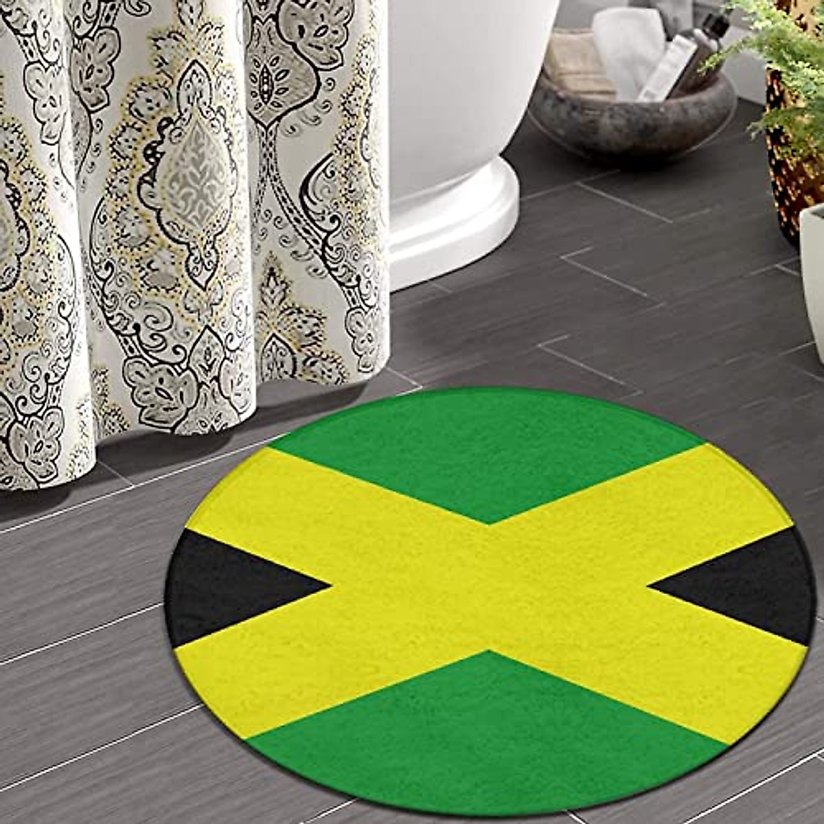 Fashion Round Area Rug Soft Flannel Throw Rugs Non-Slip Floor Carpet Home Decor for Living Room Bedroom Office, Green Yellow Jamaican Flag, 36 Inch Diameter