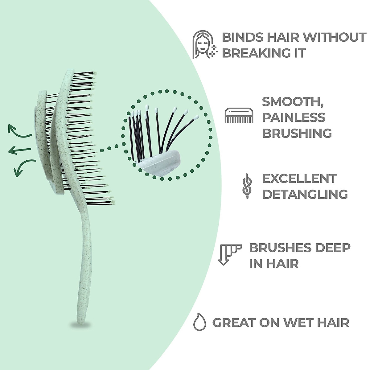 Ninabella Organic Detangling Hair Brush for Women, Men & Children - Does not Pull on Hair - Straightening Brushes for Straight, Curly & Wet Hair - Unique Spiral Hairbrush Green