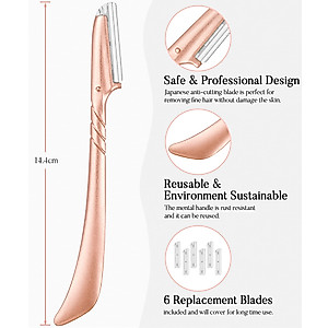 ennva Eyebrow Razor for Women-Eyebrow Trimmer Dermaplaning Tool-Ergonomic Eyebrow Shaper & Facial Razor for Peach Fuzz-Exfoliating Face Razor for Eyebrows-Eye Brow Shaver Razors w/7 Blades- Rose Gold
