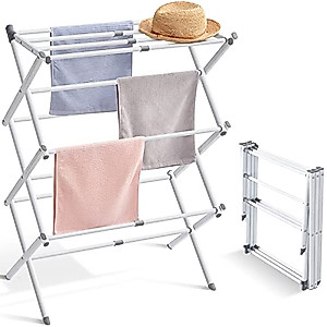 TOOLF Expandable Clothes Drying Rack, Foldable Laundry Drying Rack, 3-Tier Collapsible Clothing Dryer, Adjustable Towel Rack for Air Drying Clothing, Bed Linen, Clothing, Socks, Scarves, White