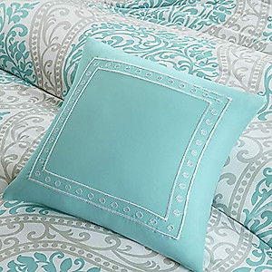 Intelligent Design Senna Comforter Set Full/Queen Size - Aqua Blue/Gray, Damask – 5 Piece Bed Sets – All Season Ultra Soft Microfiber Teen Bedding - Great For Guest Room and Girls Bedroom