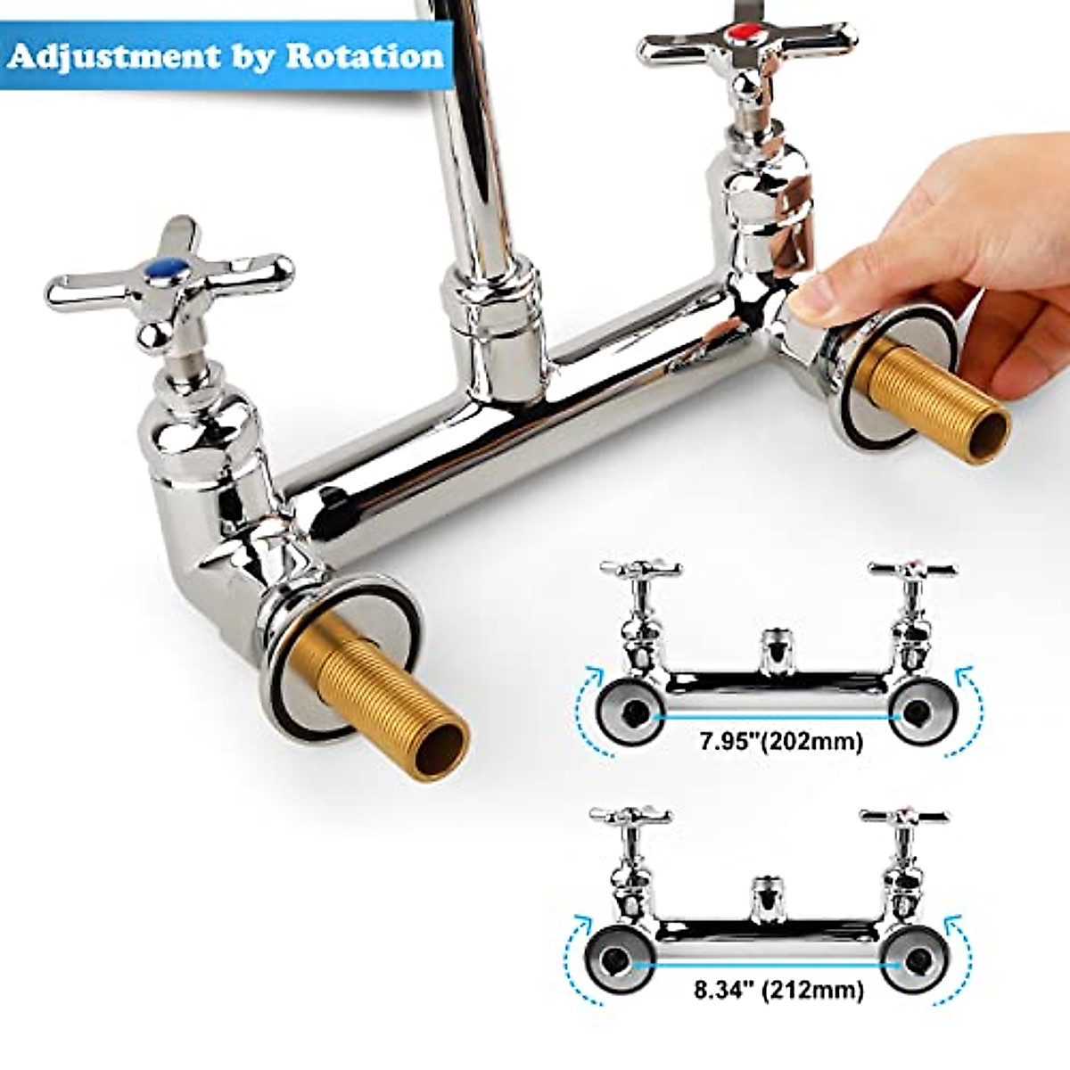 Launceter Commercial Faucet with Sprayer, 8 Inch Center Wall Mount Kitchen Faucet with 8" Swivel Spout, 20" Height Compartment Sink Faucet with Pre-Rinse Sprayer for Restaurant Industrial