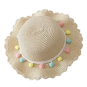 Toddler Baby Girls Straw Hat Wide Brim Sun Hat with Shoulder Bag Set Cute Pompom Beach Hat (Head circumference50-52cm/19.7-20.5", Beige)