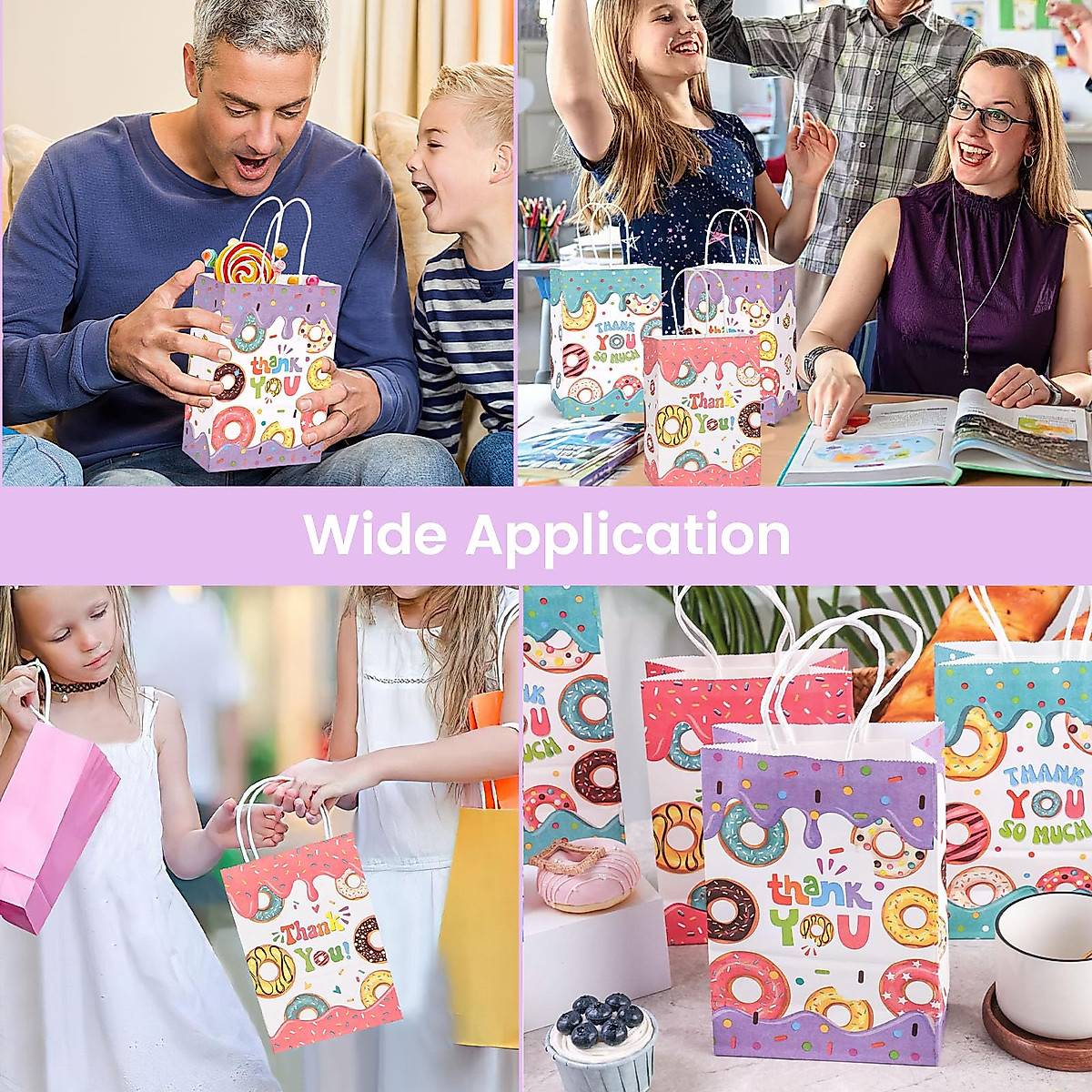 VGOODALL 24PCS Donut Gift Bags, 5.5" x 2.8" x 8" Paper Bags Thank You Gift Bags with Handles Party Favor Bags Goodie Bags for Party Supplies Birthday Treat Bags