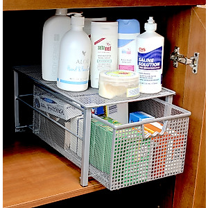 DecoBros Mesh Cabinet Basket Organizer with Split Card, Silver (Large - 10 x 15.8 x 7.5)