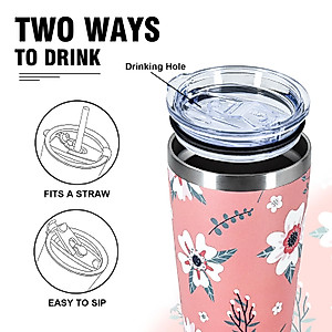 20oz Tumbler with Lid and Straw, Flower Coffee Mug Double Wall Vacuum Insulated Travel Mug Floral Cup Stainless Steel Water Bottle Reusable Tumblers with Car Coaster for Ice Drinks, Hot Beverage, Pink