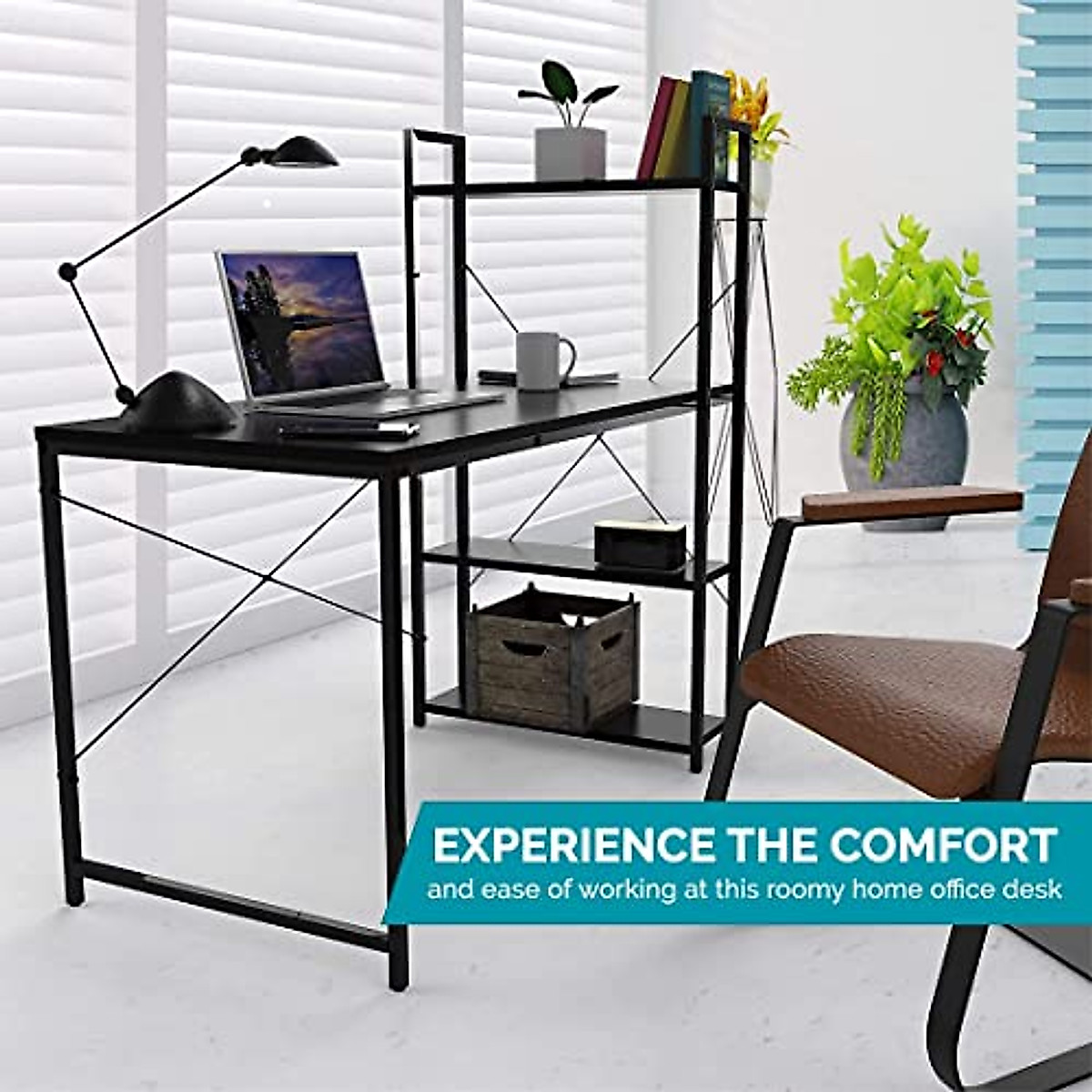 Halter Computer Desk with Shelves, 47 Inch Writing Table for Home Office, Study Desk with Storage for Work, Writing, and Homework, Modern, Easy Assembly, Black