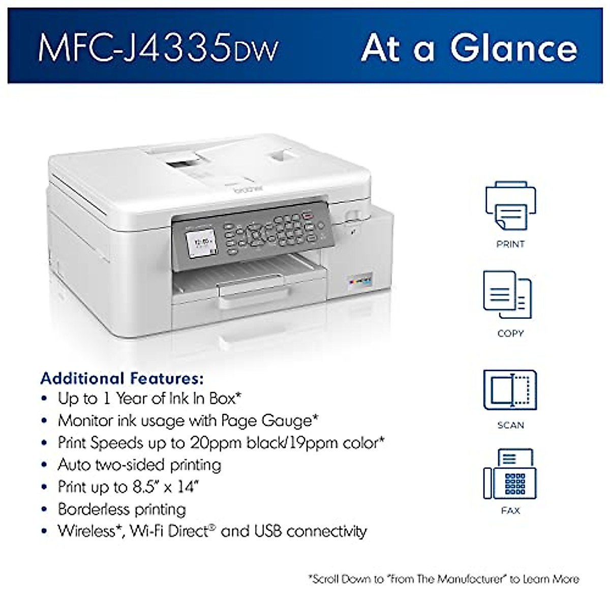 Brother INKvestment Tank MFC-J4335DWB Wireless Color All-in-One Inkjet Printer, White - Print Copy Scan Fax - 20 ppm, 4800 x 1200 dpi, Auto Duplex Printing, 20-Sheet ADF, CBMOUN Printer Cable
