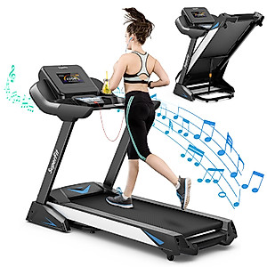 GYMAX Folding Treadmill, 4.75HP Auto Incline Treadmill with LED Monitor, Blue Tooth Speaker, App Control, 20 Preset Programs & Pulse Grip, Foldable Running Walking Jogging Machine for Home Gym