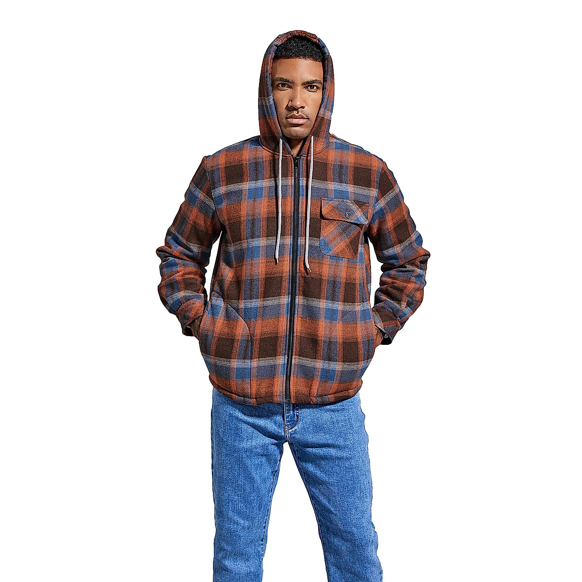 Elesuit Men's Fleece Jackets for Men Sherp Plaid Flannel Sweatshirt for Men Zip Hooides Orange Medium