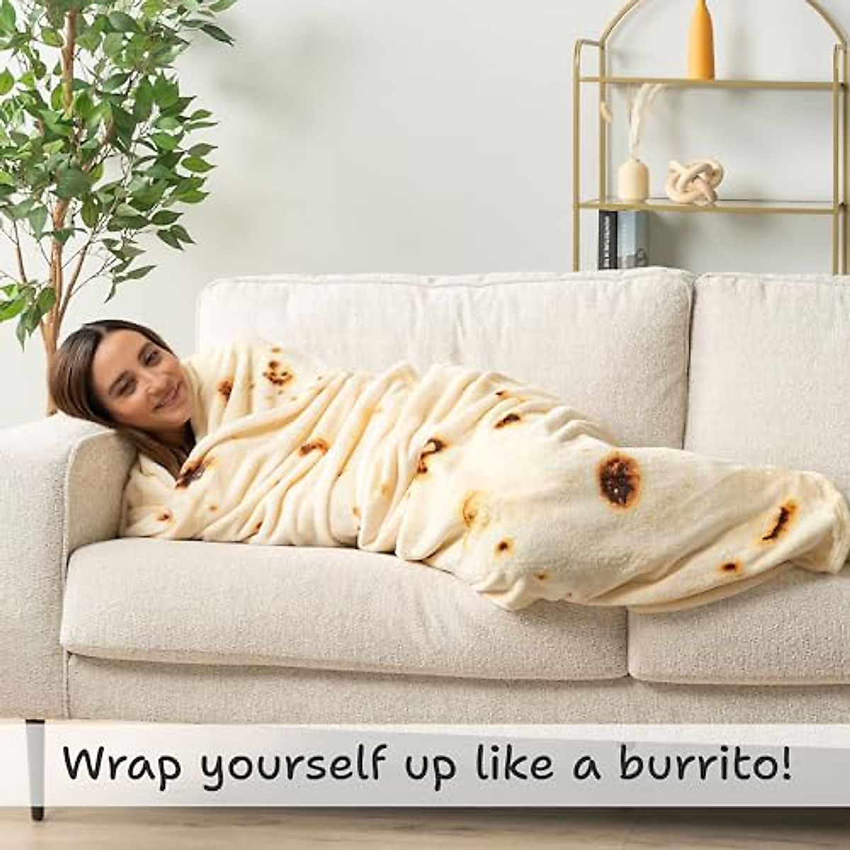 PAVILIA Burrito Tortilla Blanket, Double Sided Taco Flour Wrap Novelty Throw for Kid Boy Girl Teen, Realistic Food Blanket, Funny Gag Gift for Birthday, Beige Flour 47in