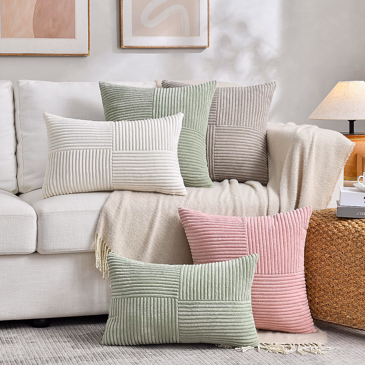 Fancy Homi 2 Packs Blush Pink Decorative Throw Pillow Covers 18x18 Inch for Living Room Couch Bed, Rustic Farmhouse Boho Home Decor, Soft Corss Corduroy Patchwork Textured Square Cushion Case 45x45 cm