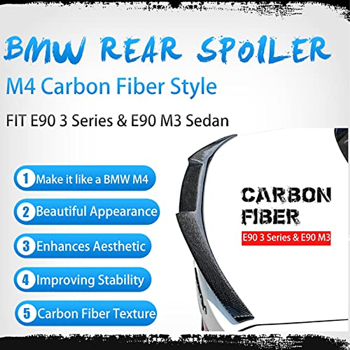 Acmex Rear Spoiler Wing Fits for 2008-2012 BMW E90 M3 Sedan & 2006-2011 E90 3 Series Sedan Trunk M4 Style 323i 325i 325xi 328i 328i xDrive 330i 330xi 335i 335d 335i xDrive M3 (Carbon Fiber)