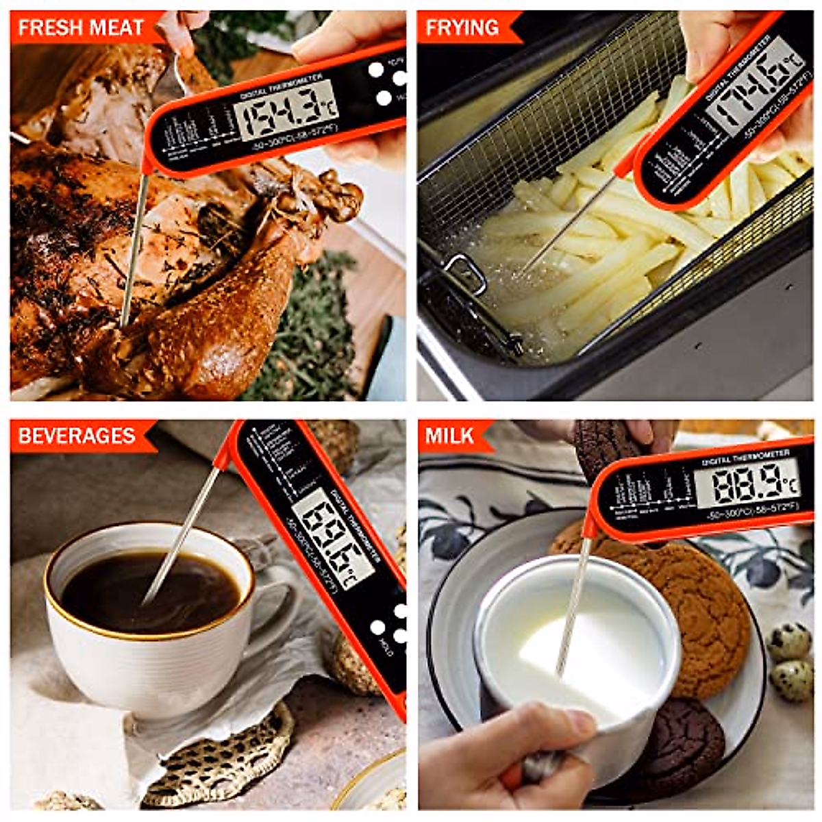 GR Smith - Digital Meat Thermometer - Fast & Precise Food Thermometer with Magnet - Foldable Probe - Grill & Cooking - Outdoor Camping & Kitchen Accessories - Water Resistant - Red