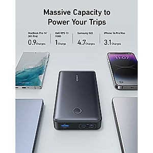 Anker Portable Charger, 24,000mAh 65W Power Bank, 537 Power Bank (PowerCore 24K for Laptop), for MacBook Pro, Dell XPS, Microsoft Surface, iPad Pro, iPhone 14 Pro, Apple Watch Series 5, and More