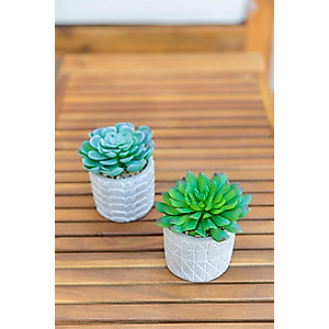 Flora Bunda Mid Century Artificial Plants Cactus Set of 2 Fake Succulent in 3" Cement Diamond line Pot Grey Planter, Potted Plants, for Home Office Decorations