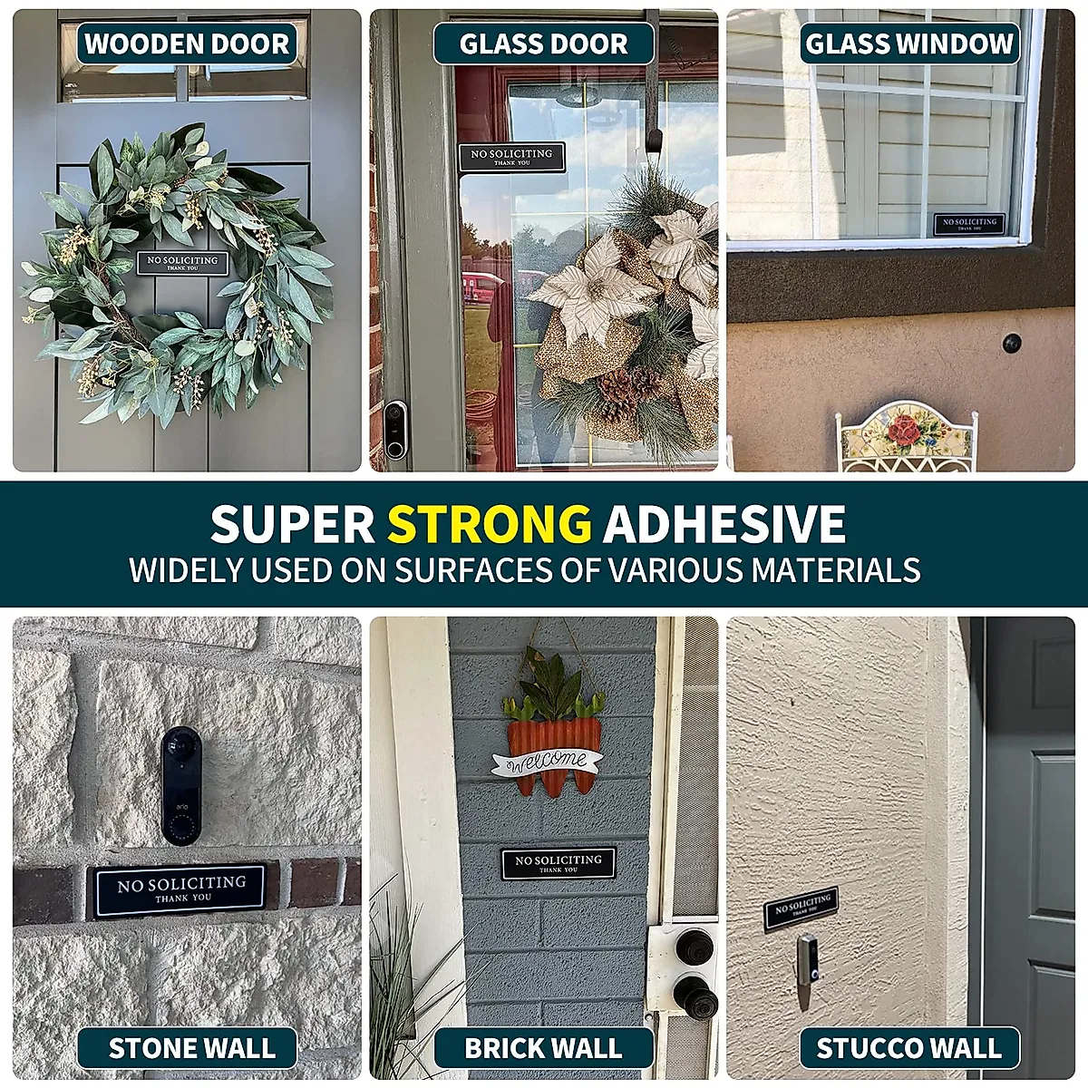 2 Pack No Soliciting Sign for House — Keep Solicitors Away, with Strong Adhesive Tape for Any Surface, 8.2 × 2.4 Inch, Stylish & Prominent Design, Perfect for Home Office Front Doors, Walls, Windows