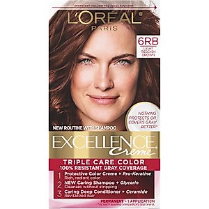 L'Oreal Paris Excellence Creme Permanent Triple Care Hair Color, 6RB Light Reddish Brown, Gray Coverage For Up to 8 Weeks, All Hair Types, Pack of 1