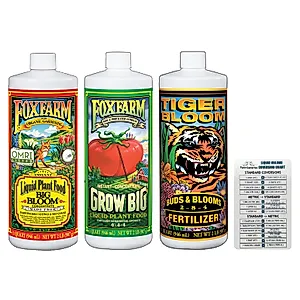 Fox Farm Fertilizer Soil Trio Liquid Nutrient: Tiger Bloom, Grow Big, Big Bloom Quart Bottles + Twin Canaries Chart (Pack of 3-32 oz)