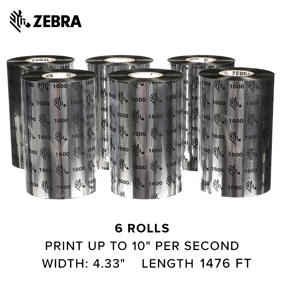 Zebra Standard Black Wax Ribbon for Industrial Thermal Transfer Printers 4.33 in Wide 1476 ft Long 1 in Core 6 Rolls 10031729SP