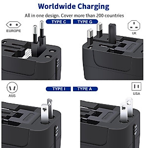 Universal Travel Adapter with 3.0A PD USB-C & QC USB-A Ports, Fast Charging International Plug Adapter, Worldwide Wall Charger AC Power Plug Converter Adaptor for US to EU UK AUS Asia